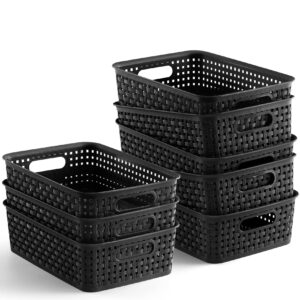 [ 8 pack ] plastic storage baskets - small pantry organization and storage bins - household organizers for laundry room, bathrooms, kitchens, cabinets, countertops, under sink or on shelves - black