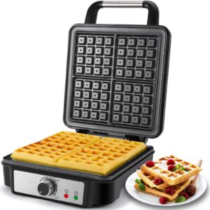 monxook belgian waffle maker, 4-slice non-stick square waffle maker, anti-overflow waffle iron with browning knob, indicator lights, compact design, recipes included, 1200w, silver/black