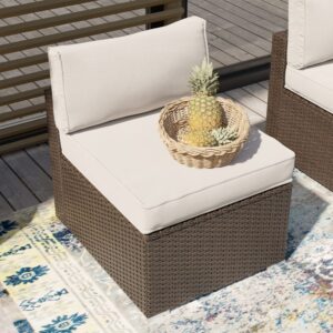 sunbury patio sectional sofa chair, add-on wicker armless chair in off white cushion, brown wicker outdoor furniture seating for backyard garden porch