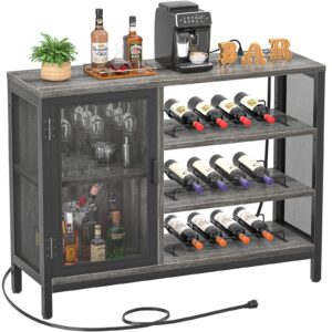 homieasy wine bar cabinet with power outlets, industrial bar cabinets for liquor and glasses, farmhouse mini coffee bar liquor cabinet bar for home with removable wine racks, balck oak