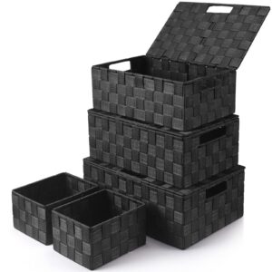 uvellgift storage bins with lids, woven storage box organizer containers decorative baskets cube for clothes bedroom closet office (5 pack, black)