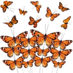 giegxin 24 pcs monarch butterfly decorations 4 size artificial monarch butterfly feather butterfly decor on picks butterflies for crafts fake butterflies with wire butterfly wall decor (orange)