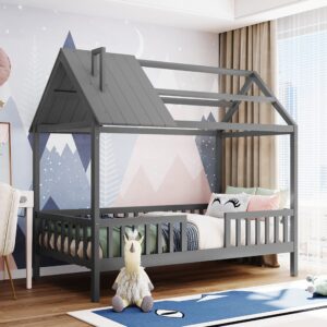 bellemave twin house bed kids montessori beds playhouse bed tent bed, solid wood platform bed frame with fence and roof for kids teens girls boys (gray), gray (roof)