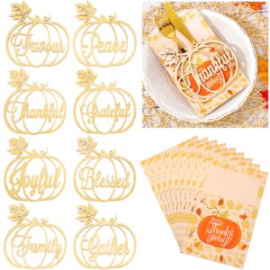 18 set thanksgiving plate decor 9 fall thankful cutlery utensil holders with 9 maple pumpkin turkey wood place cutouts sign gold grateful blessed gather autumn table plate sign (maple,pumpkin)