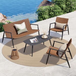 grand patio 4 pieces outdoor furniture set, leather-look patio conversation set, vintage brown wicker chairs loveseat and a coffee table, patio furniture for garden, backyard, porch