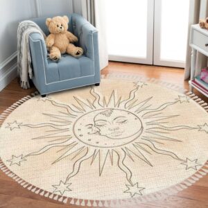 round rugs sun moon retro engraving style vintage decorative art hand boho area rug linen and cotton carpet meditation rug washable hallway runner mat accent rug for bedroom bathroom 3ft