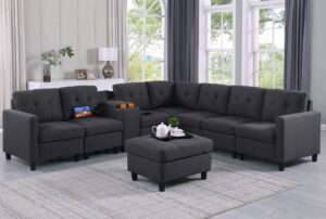 asunflower modular fabric sectional sofa ottoman set, l shape sofa couch with console, cup holder, charging ports convertible sectional couch for living room apartment