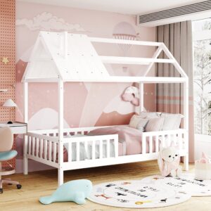 bellemave house bed kids montessori beds playhouse bed tent bed, solid wood platform bed frame with fence and roof for kids teens girls boys (white)