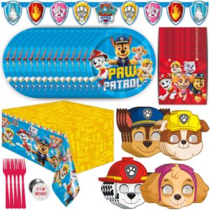 unique paw patrol birthday decorations | paw patrol party supplies | with paw patrol tablecloth, paw patrol plates, napkins, character masks, forks, button | serves 16 guests