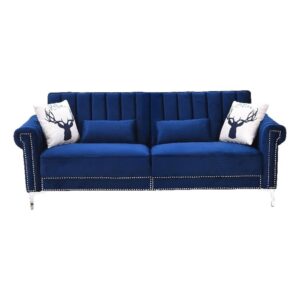 legend vansen 82.7" convertible modern wood & velvet fabric sofa bed in blue