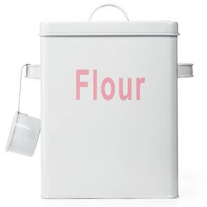 youeon 1.5 gallon metal flour storage container with airtight lid and measuring scoop, square flour canister with handle, white flour canister for kitchen counter, farmhouse decor