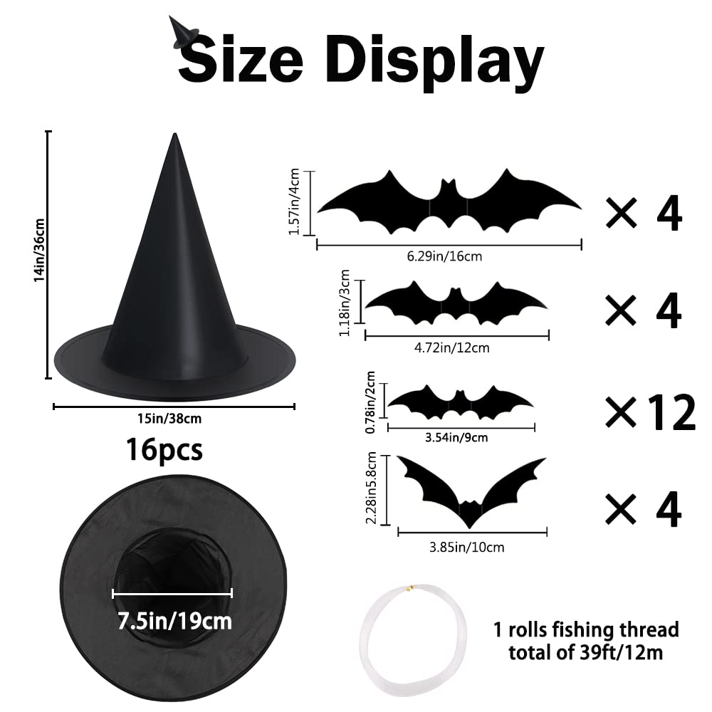 XIMISHOP 12pack Black Halloween Witch Hats with 3D Bats Wall Decor Halloween Costume Witch Accessories Caps Fancy for Halloween Party Decoration