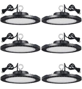 6 pack ufo led high bay light 150w, 21,000lm (eqv.600w mh/hps), 100-277v, 5000k daylight led high bay shop lights fixture 5' cable with us plug for workshop, barn, garage - etl listed