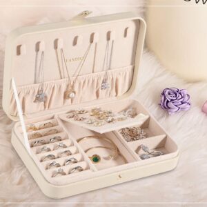 LANDICI Small Jewelry Box for Women Girls, PU Leather Travel Jewelry Case, Portable Jewelry Organizer Storage Holder Display for Ring Earrings Necklace Bracelet Bangle Men Kids Gift, Apricot