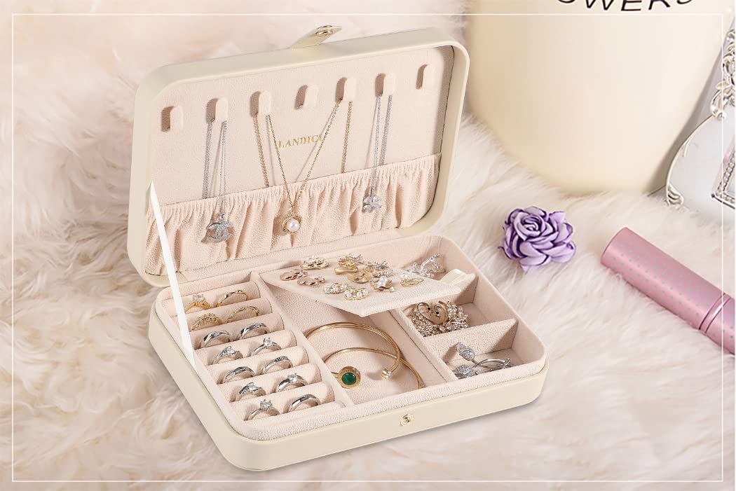 LANDICI Small Jewelry Box for Women Girls, PU Leather Travel Jewelry Case, Portable Jewelry Organizer Storage Holder Display for Ring Earrings Necklace Bracelet Bangle Men Kids Gift, Apricot