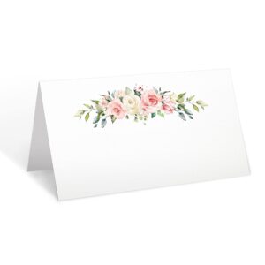 321done pink roses place cards, made in the usa - white small 3.5x2, name seating table cards for wedding, dinner party, buffet, shower, spring flowers design on thick tent cards - 50 folding cards