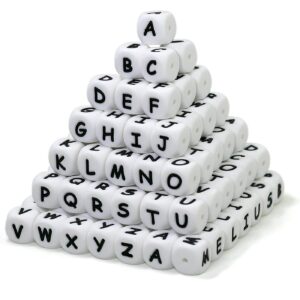 melius 110pcs silicone letter beads 12mm a-z (extra for vowel letter) even and accurate square letters beads for bracelet stethers key chains necklace lanyards (white)