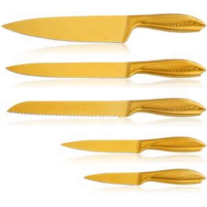 golden kitchen knife set 5 piece wellstar, razor sharp german stainless steel blade and ergonomic handle with gold titanium coated, chef carving bread utility paring for cutting and peeling - gift box