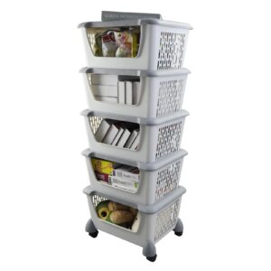 buyitt 5-tier plastic stackable storage bins for pantry, stacking organizing baskets with wheels