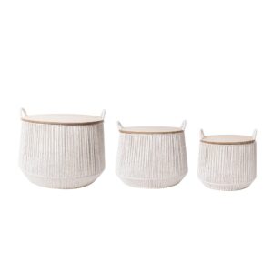 American Art Decor Boho White and Natural Paper Rope Woven Storage Baskets with Wooden Lids Set of 3, Round Decorative Organizer Bin for Laundry, Clothes, Blankets, Toys