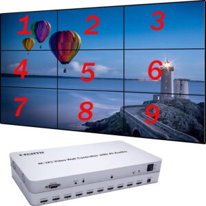 4k hdmi 3x3 video wall controller with al audio | 9 channels | hdmi 1.4, hdcp1.4 | 1 hdmi input & 9 outputs | 15 display modes - 1x2, 1x3, 1x4, 2x1, 2x2, 2x3, 2x4, 3x1, 3x2, 3x3, 4x1, 4x2