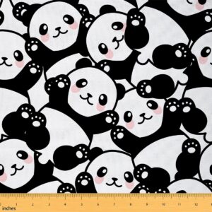 panda fabric by the yard, kawaii cute panda decorative fabric for quilting sewing, black white panda upholstery fabric, cartoon giant panda fabric for kids clothing diy, 2 yards, black white