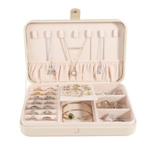 LANDICI Small Jewelry Box for Women Girls, PU Leather Travel Jewelry Case, Portable Jewelry Organizer Storage Holder Display for Ring Earrings Necklace Bracelet Bangle Men Kids Gift, Apricot