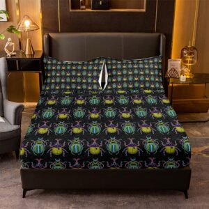 abosbeet green beetle print fitted sheet queen polyester black fitted sheet set with beetle pattern 2 pillowshames kids bedroom decor