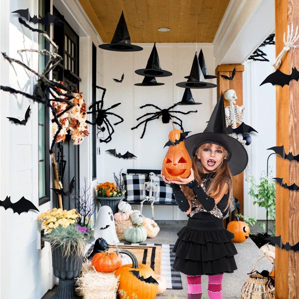 XIMISHOP 12pack Black Halloween Witch Hats with 3D Bats Wall Decor Halloween Costume Witch Accessories Caps Fancy for Halloween Party Decoration