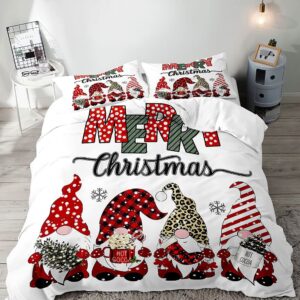 vivihome 3pcs merry christmas duvet cover full, cute gnome duvet cover, white bedding, snowflake red buffalo plaid striped leopard print holiday xmas comforter bedspread quilt cover, 2 pillow shams