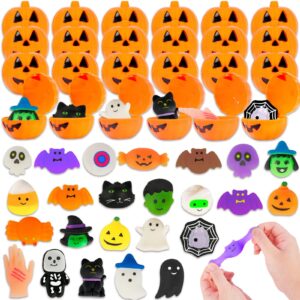 48 pcs halloween mochi toys bulk with 24pcs pumpkin boxes/jars for halloween party favors, classroom carnival game prizes, treat bags gifts, stress reliever anxiety toys