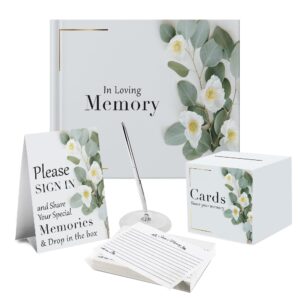 7 pcs guest book set, funeral guest book, includes: guestbook, 50 memory cards, ball pen+pen stand, table sign, card box, mailer box, celebration of life guest book, registry book, memory book