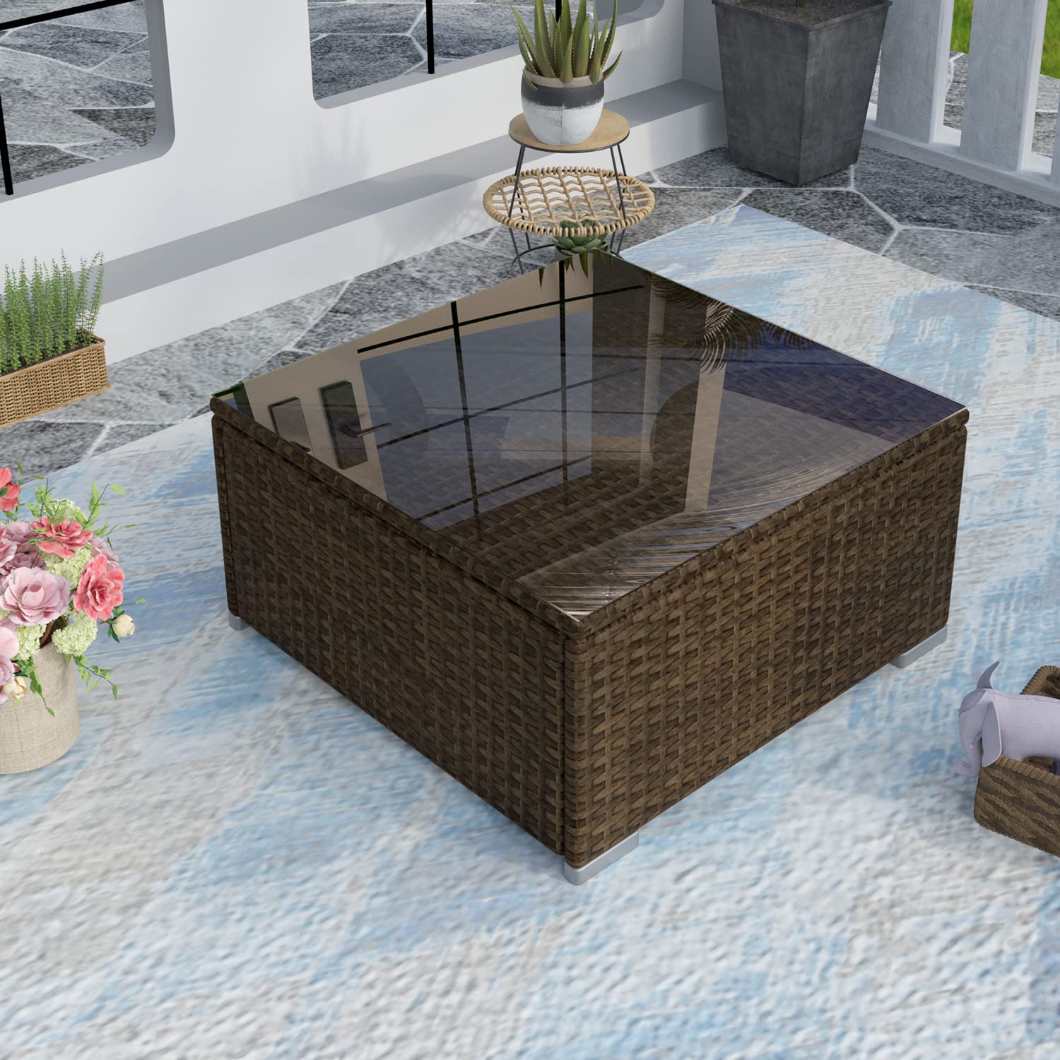 HOMPUS Outdoor Patio Furniture Brown Wicker Coffee Table for Sectional Sofa