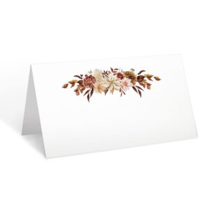 321done autumn floral place cards, made in usa - small 3.5x2, white, name seating table cards for wedding, dinner party, buffet, shower, fall floral design on thick tent cards - 24 folding cards