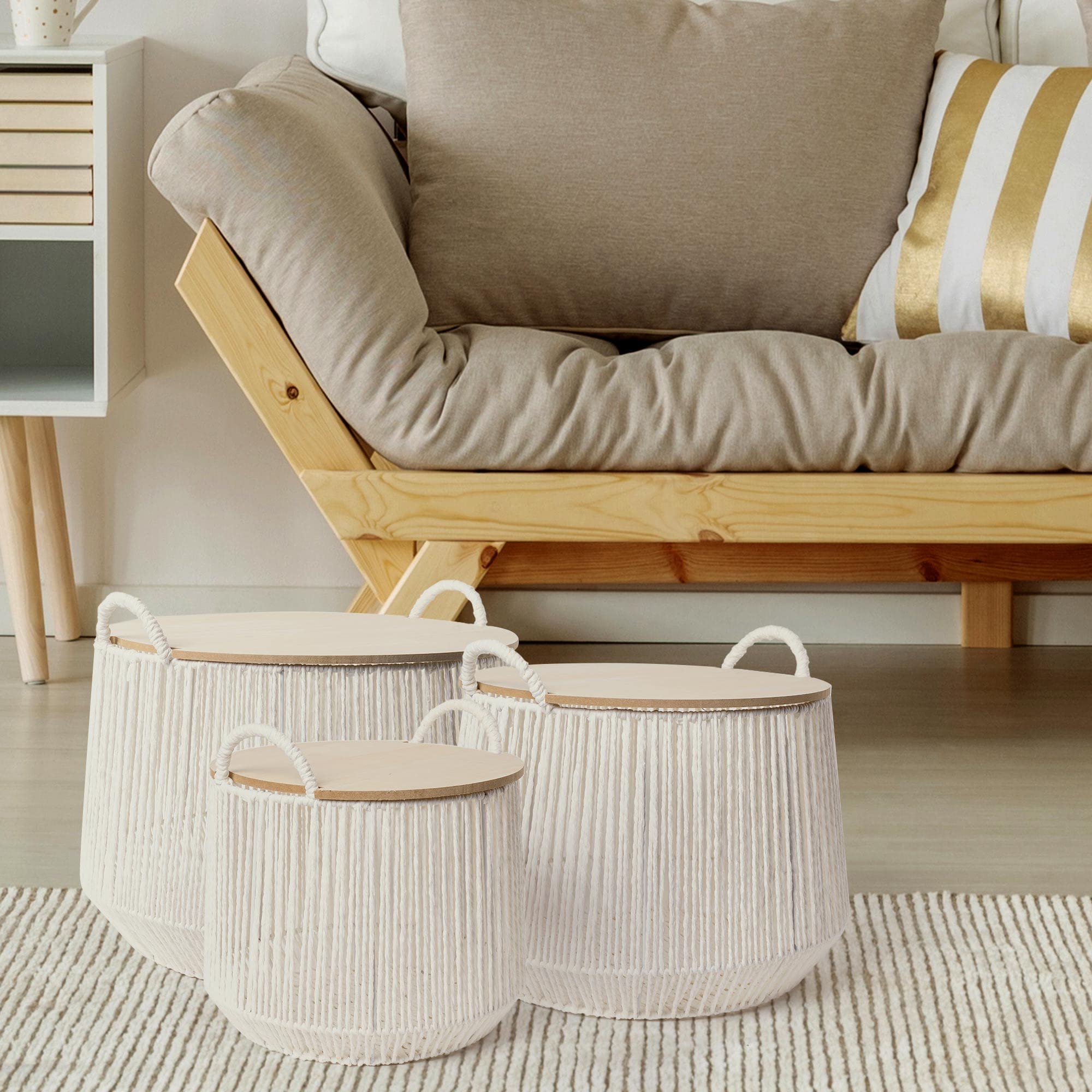 American Art Decor Boho White and Natural Paper Rope Woven Storage Baskets with Wooden Lids Set of 3, Round Decorative Organizer Bin for Laundry, Clothes, Blankets, Toys