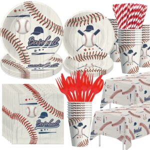 hipvvild baseball party decorations tableware - baseball birthday baby shower party supplies include plate, cup, napkin, tablecloth, cutlery, straw, baseball theme party supplies dinnerware | serve 24