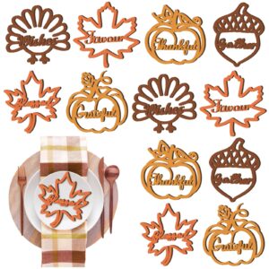 spiareal 12 pcs fall thanksgiving wood cutout thankful grateful blessed sign plate decor pumpkin maple leaf turkey table settings thanksgiving autumn plate table wall decoration(yellow,orange,brown)