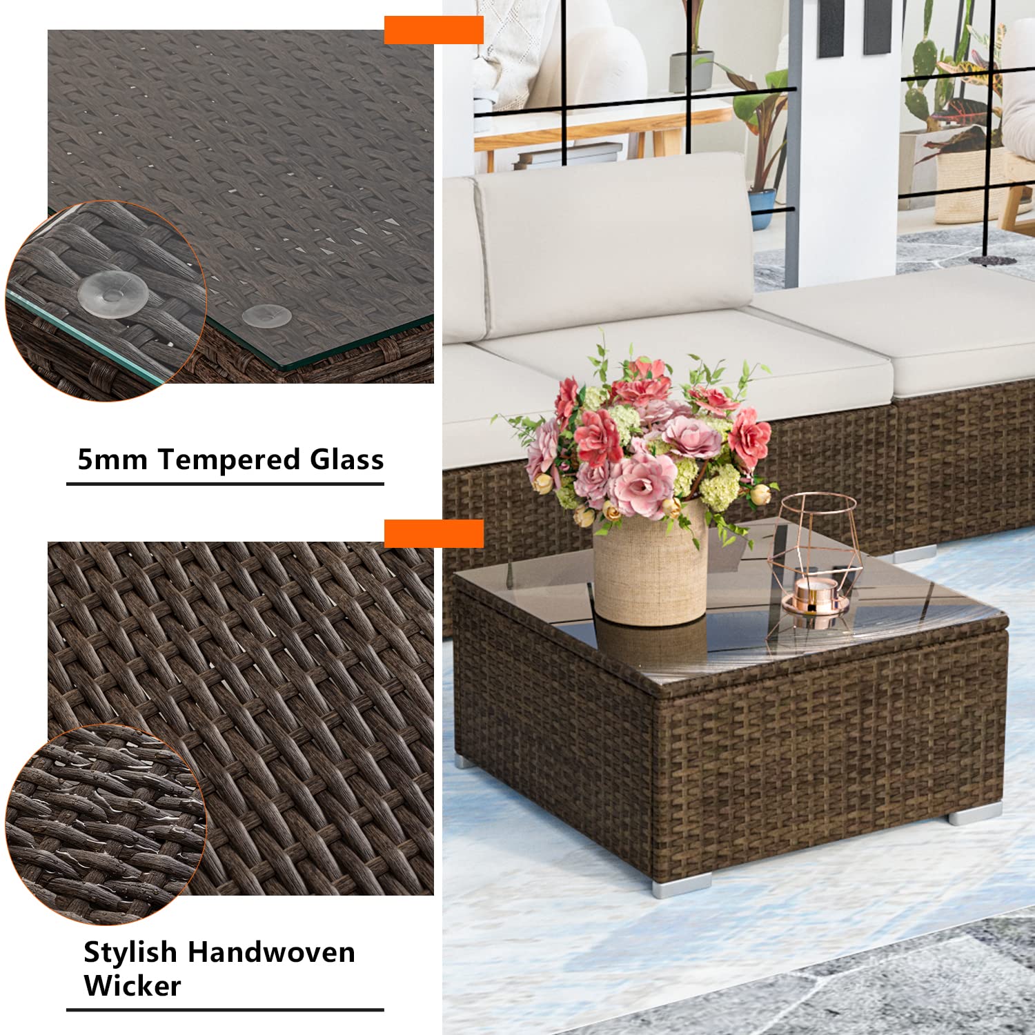 HOMPUS Outdoor Patio Furniture Brown Wicker Coffee Table for Sectional Sofa