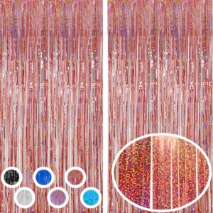 vanujoy 2 pack iridescent rose gold tinsel foil fringe backdrop curtains - wall door party decorations for birthday bachelorette engagement bridal shower