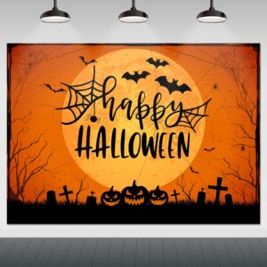 mocsicka happy halloween backdrop orange night moon graveyard background spooky pumpkin spider web halloween party cake table decoration banner photo booth props (7x5ft)