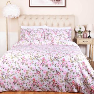 superior 300-thread count cotton duvet cover bed set with pillow shams, durable and breathable, machine washable, vintage floral bedding boho wildflower, full/queen, white