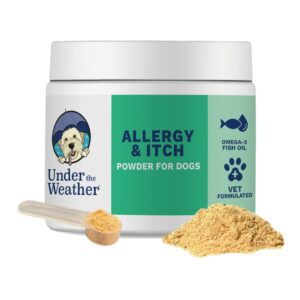 under the weather allergy & itch relief powder for dogs | dog allergy and itch aid | immune booster and skin & coat supplement for dogs | aids seasonal allergies, skin hot spots & anti-itch