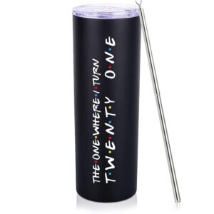 21st birthday gifts for her 21st birthday decorations for her 20 oz black skinny wine tumbler turn 21 travel cup with lid straw happy 21 year old bday presents for 2003 born women girls female