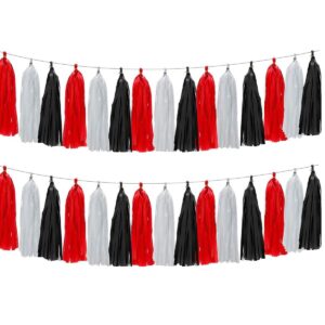 30pcs paper tassels garland banner tissue paper tassel diy hanging paper decorations party tassel garland decor baby shower nursery wedding festival baby shower decoration(30, white+black+red)