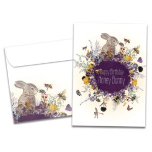 tree-free greetings - birthday cards - artful designs - 1 card + matching envelopes - made in usa - 100% recycled paper - 5"x7" - honey bunny (go61233)