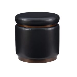 linon lexington black faux leather round storage ottoman with wood accent