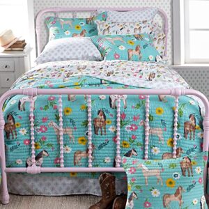 rod's true western horse girls (quilt) - pony daisy flower quilt- turquoise pink yellow brown tan green white - twin quilt - quilt size (66x86in) - cotton