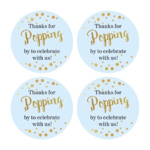 50 count 2" round thanks for popping by stickers candy popcorn favor stickers for baby shower party decoration (blue)