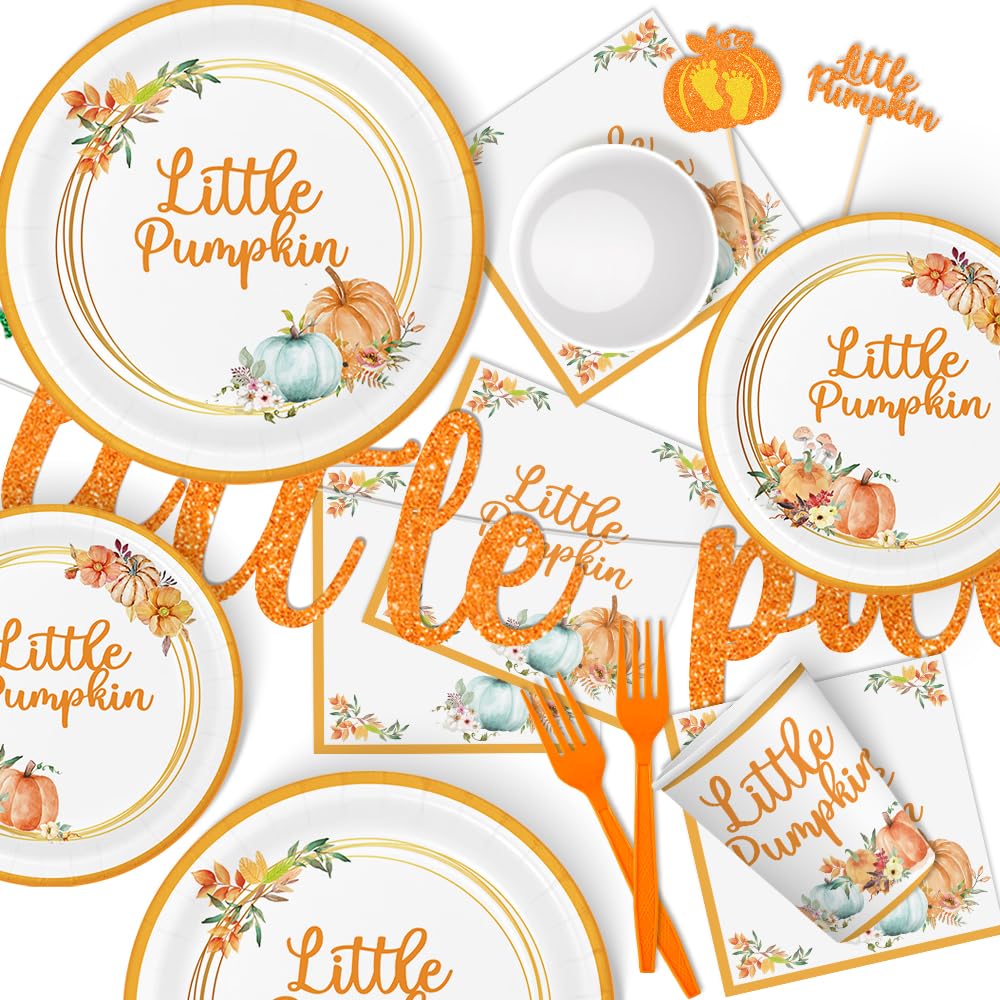 Little Pumpkin Baby Shower Party Decorations Set Serves 25, Little Pumpkin Baby Shower Plates and Cups, A Little Pumpkin is On The Way Baby Shower, Boy Girl Little Pumpkin 1st Birthday Party Supplies