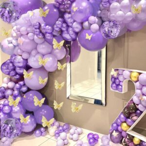 purple balloon arch garland kit with 12pcs 3d butterfly wall decor birthday bachelorett bridal shower engagement wedding baby shower graduation retirement mother's day party decorations